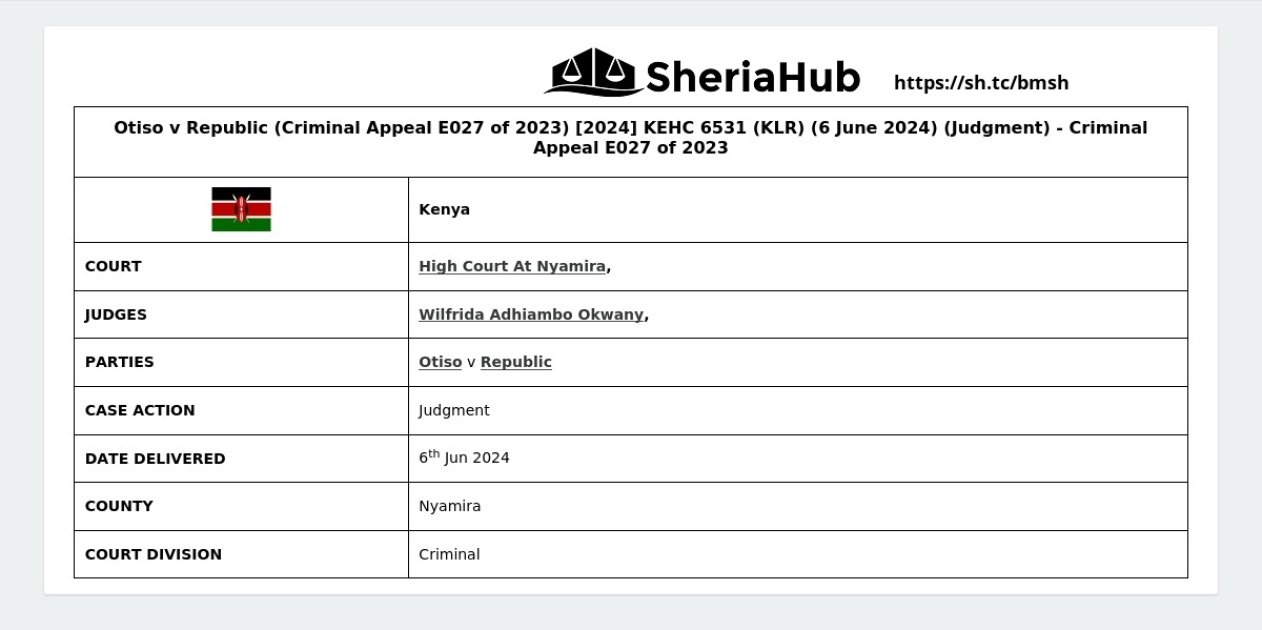 Otiso V Republic (Criminal Appeal E027 Of 2023) [2024] Kehc 6531 (Klr ...