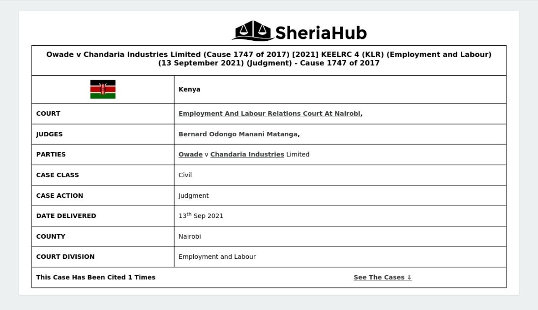 Owade V Chandaria Industries Limited (Cause 1747 Of 2017) [2021] Keelrc ...