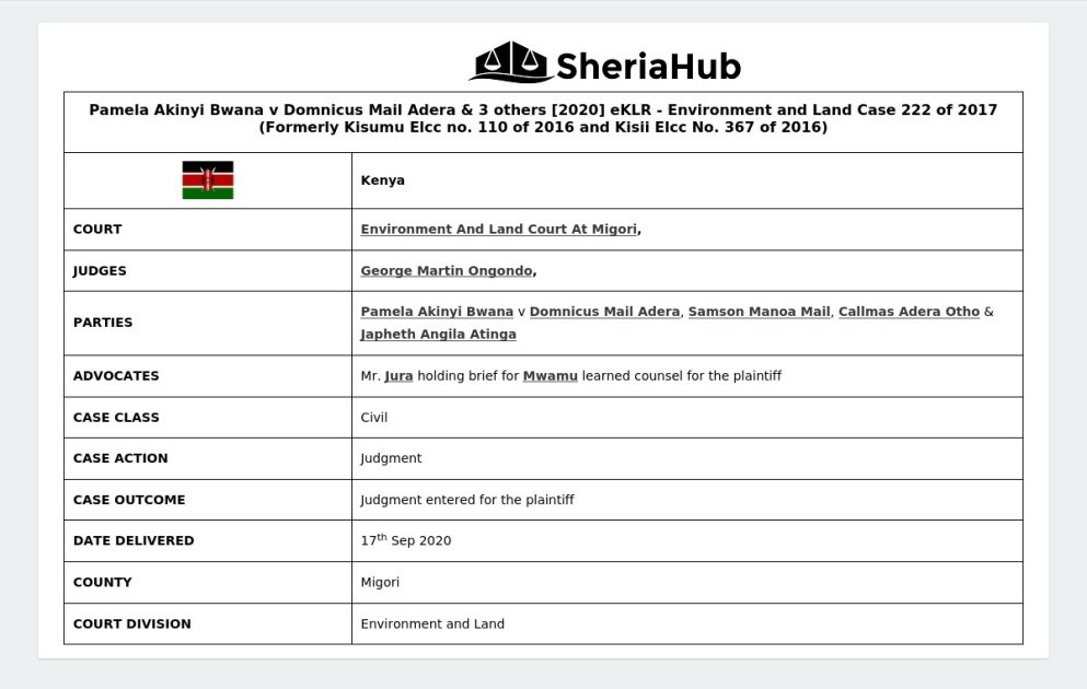 Pamela Akinyi Bwana V Domnicus Mail Adera & 3 Others [2020] Eklr