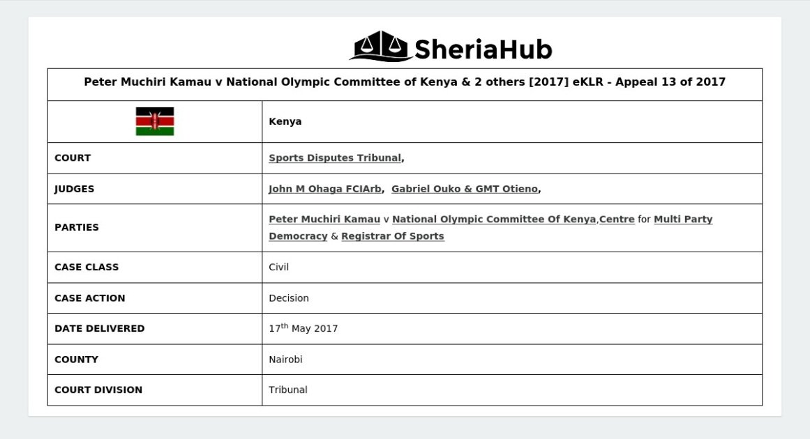 Peter Muchiri Kamau V National Olympic Committee Of Kenya & 2 Others ...