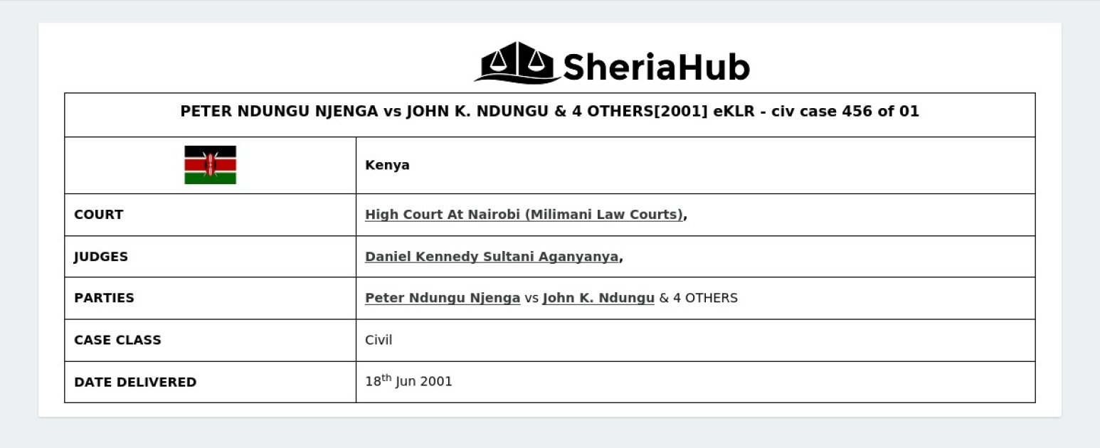 Peter Ndungu Njenga Vs John K. Ndungu & 4 Others[2001] Eklr