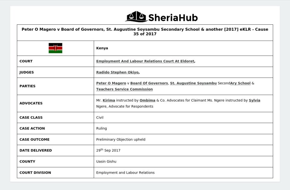 Peter O Magero V Board Of Governors, St. Augustine Soysambu Secondary ...