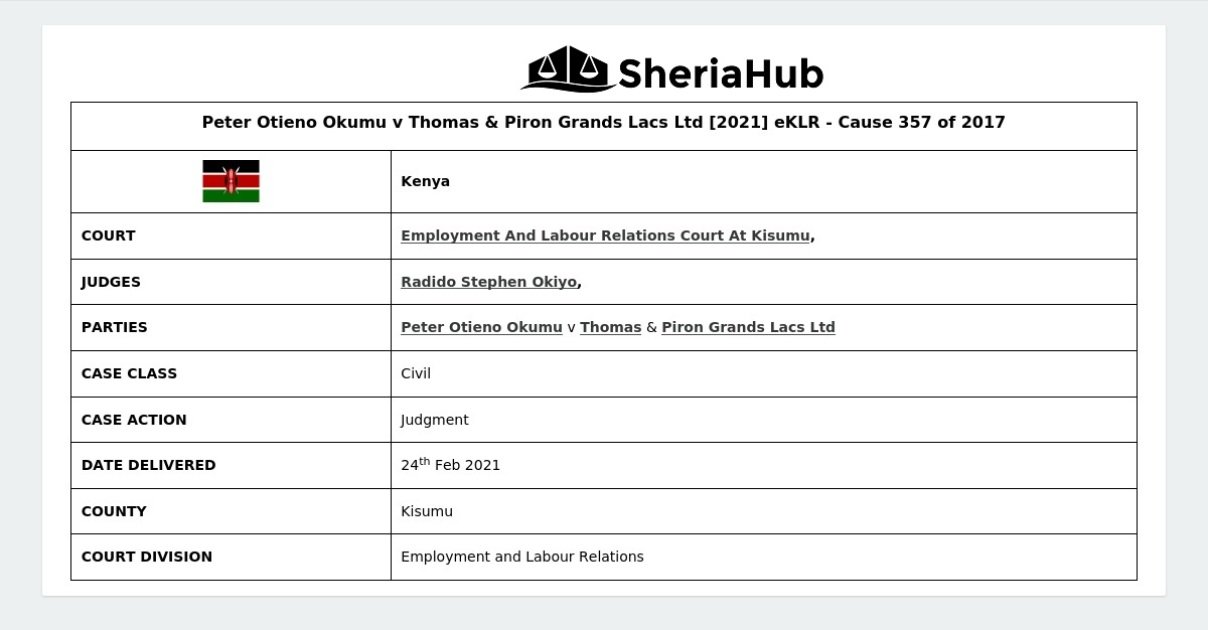 Peter Otieno Okumu V Thomas & Piron Grands Lacs Ltd [2021] Eklr