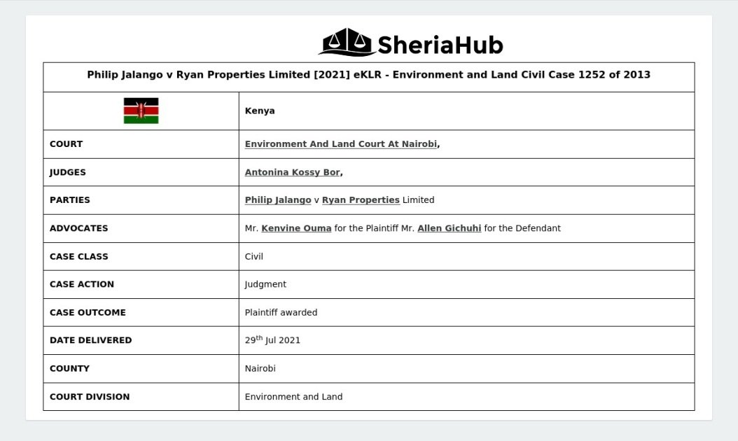 Philip Jalango V Ryan Properties Limited [2021] Eklr