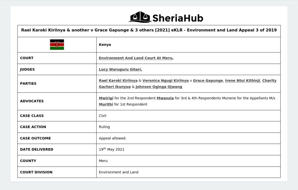 Rael Karoki Kiriinya & Another V Grace Gapunge & 3 Others [2021] Eklr