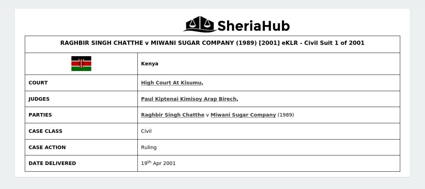 Raghbir Singh Chatthe V Miwani Sugar Company (1989) [2001] Eklr