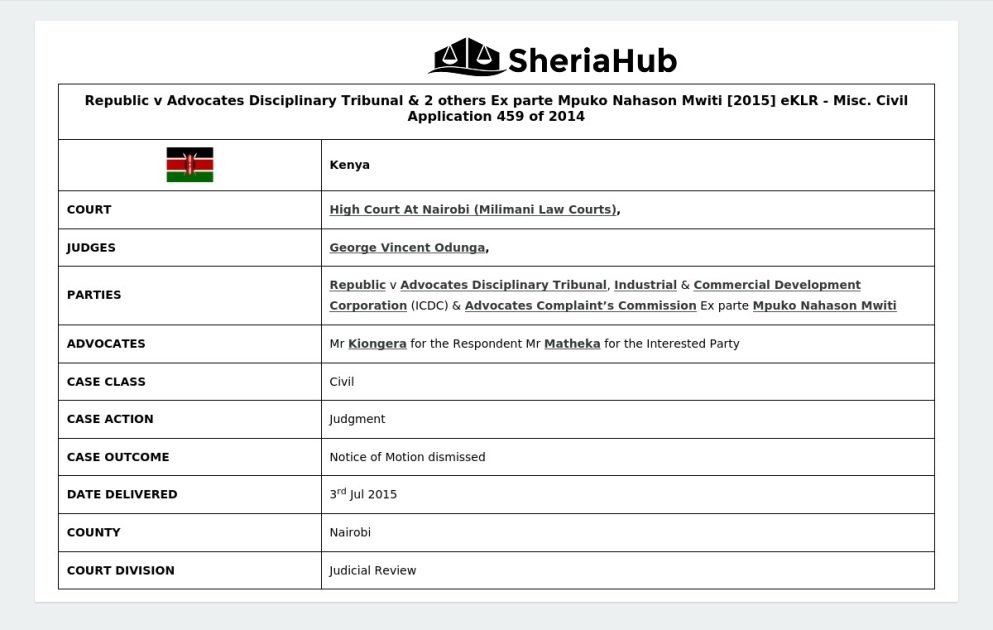 Republic V Advocates Disciplinary Tribunal & 2 Others Ex Parte Mpuko ...