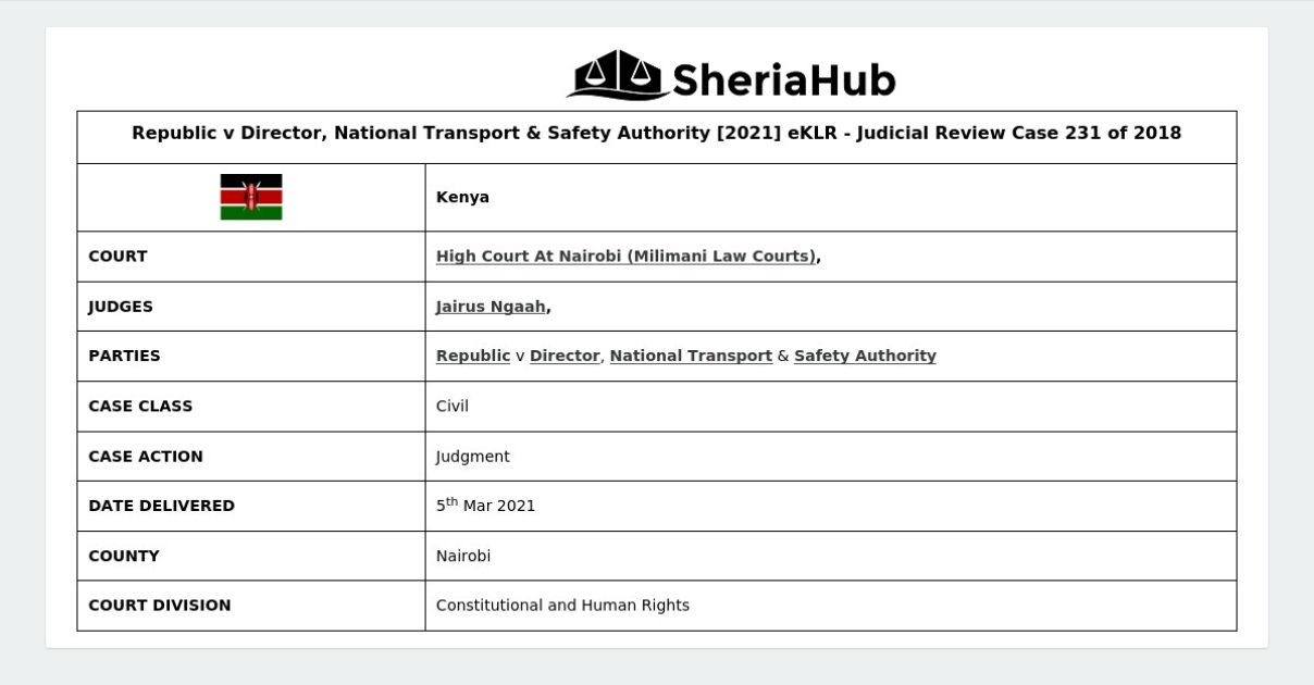 Republic V Director, National Transport & Safety Authority [2021] Eklr