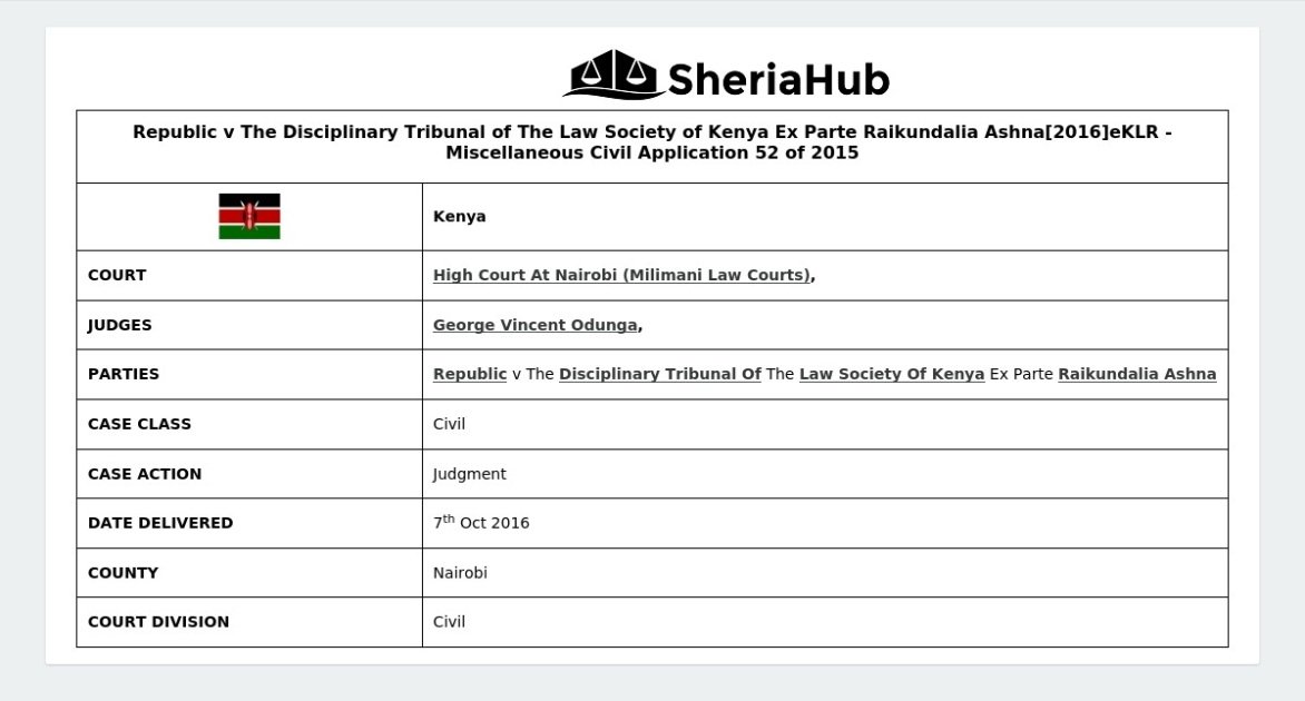Republic V The Disciplinary Tribunal Of The Law Society Of Kenya Ex ...