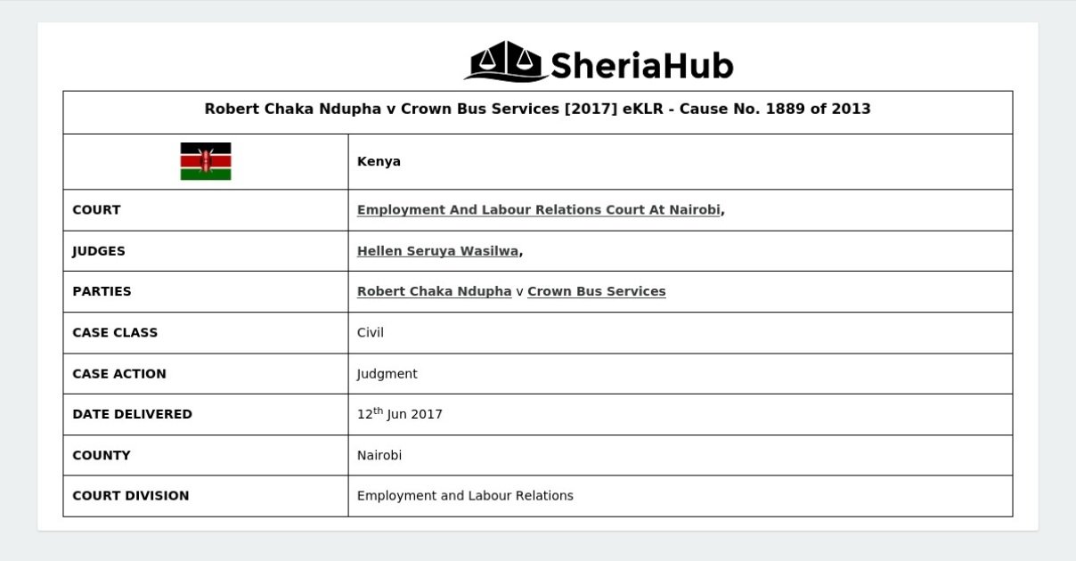Robert Chaka Ndupha V Crown Bus Services [2017] Eklr