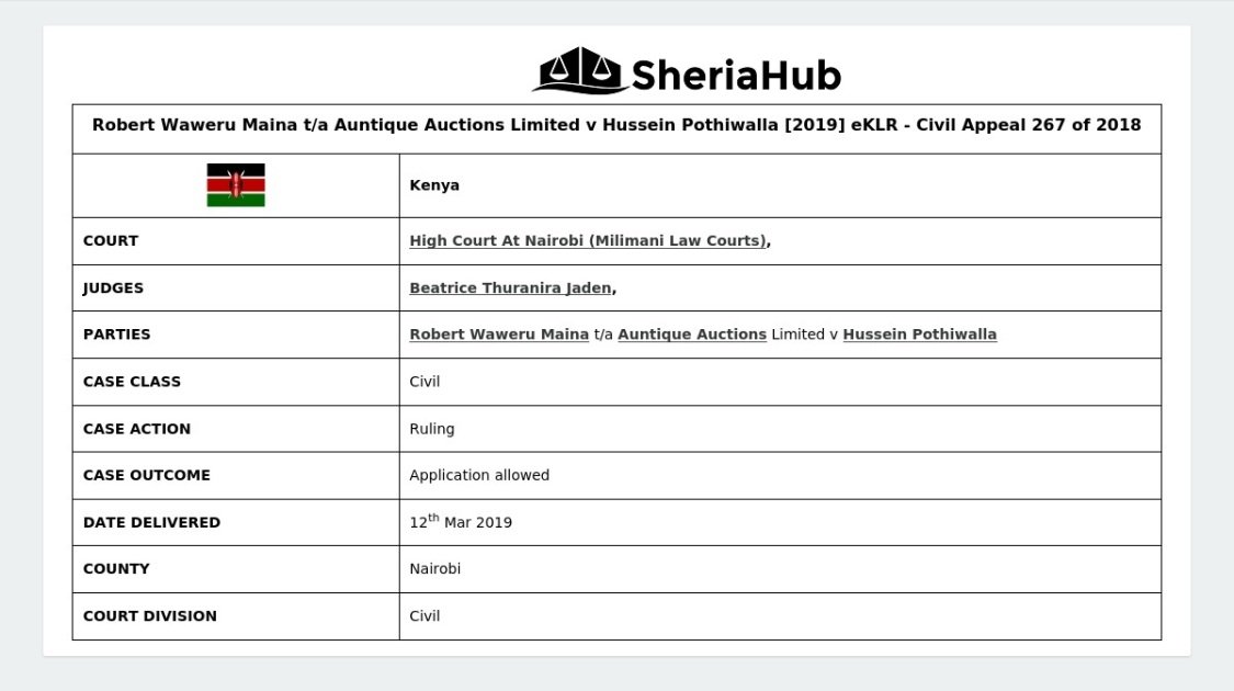 Robert Waweru Maina T/A Auntique Auctions Limited V Hussein Pothiwalla [2019] Eklr