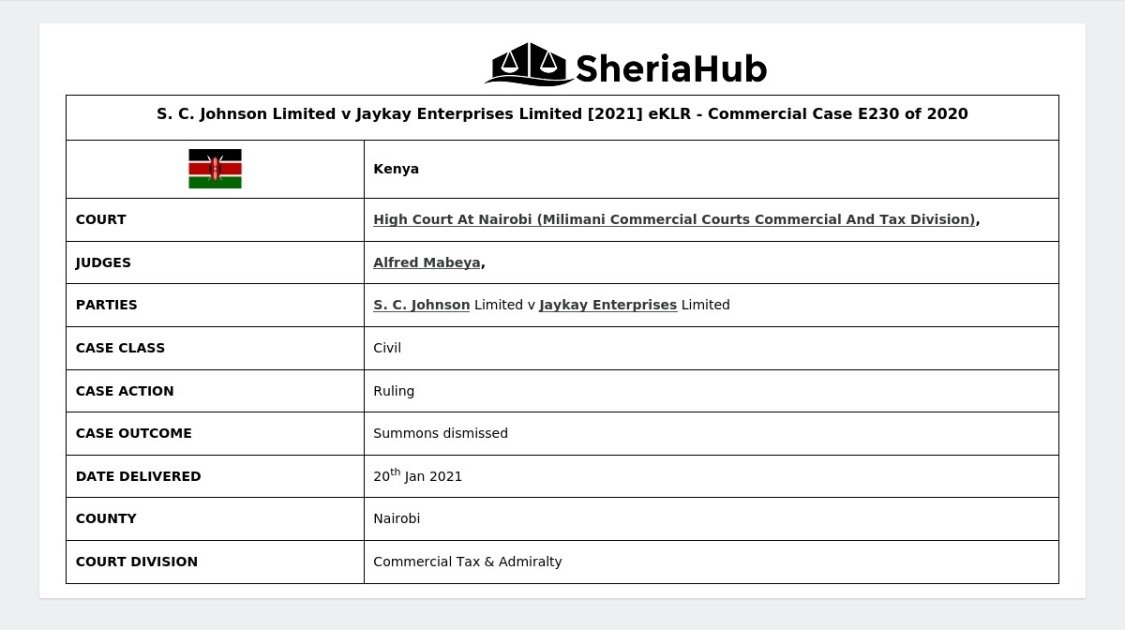 S. C. Johnson Limited V Jaykay Enterprises Limited [2021] Eklr