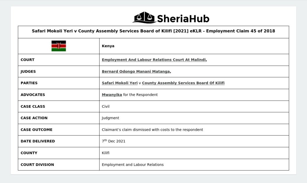 Safari Mokoli Yeri V County Assembly Services Board Of Kilifi [2021] Eklr