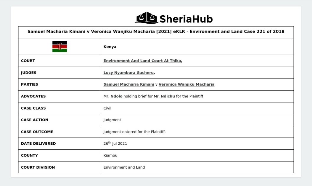 Samuel Macharia Kimani V Veronica Wanjiku Macharia [2021] Eklr