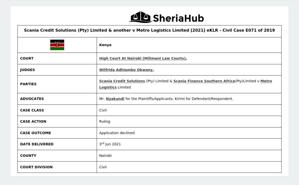 Scania Credit Solutions (Pty) Limited & Another V Metro Logistics ...