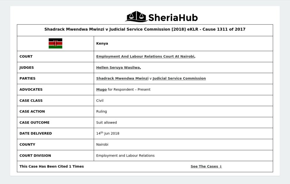 Shadrack Mwendwa Mwinzi V Judicial Service Commission [2018] Eklr
