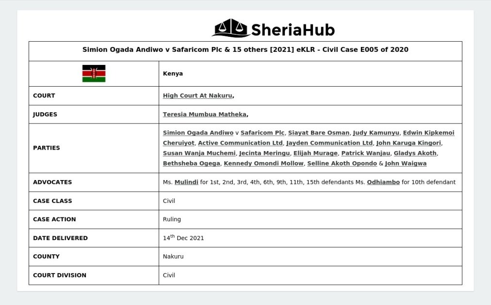 Simion Ogada Andiwo V Safaricom Plc & 15 Others [2021] Eklr