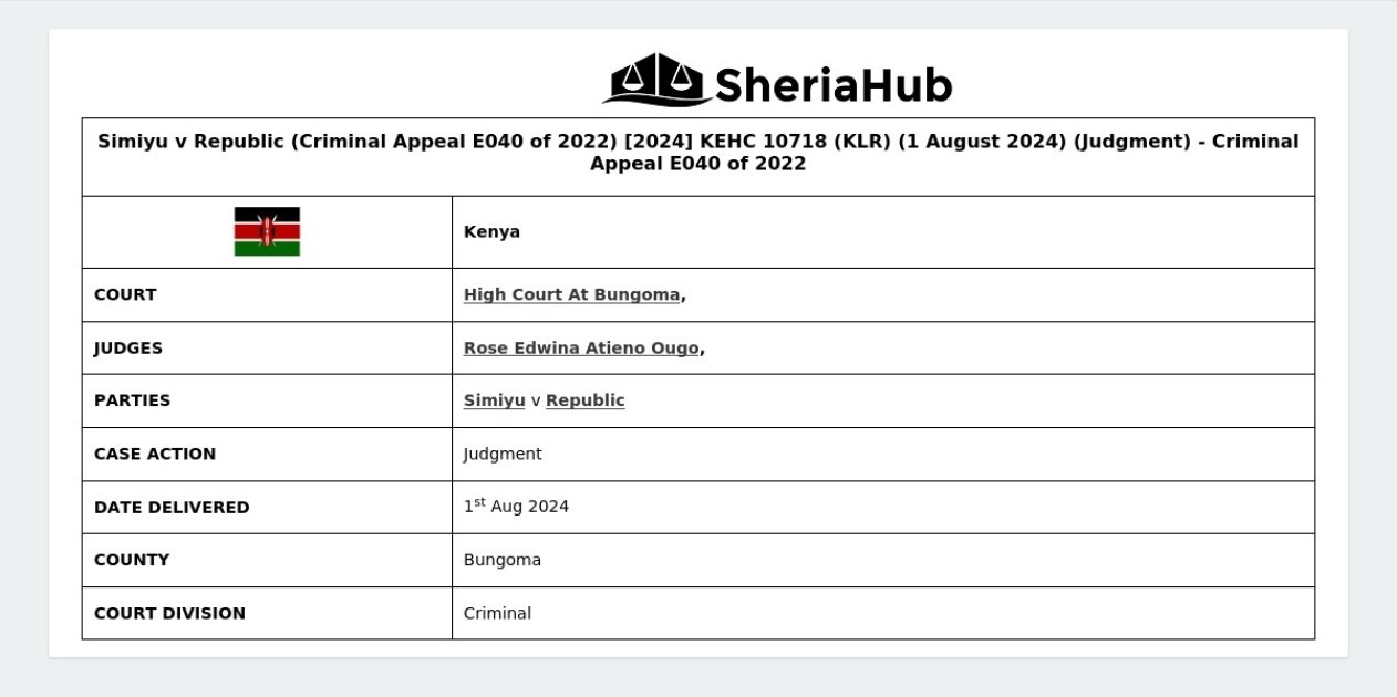 Simiyu V Republic (Criminal Appeal E040 Of 2022) [2024] Kehc 10718 (Klr ...