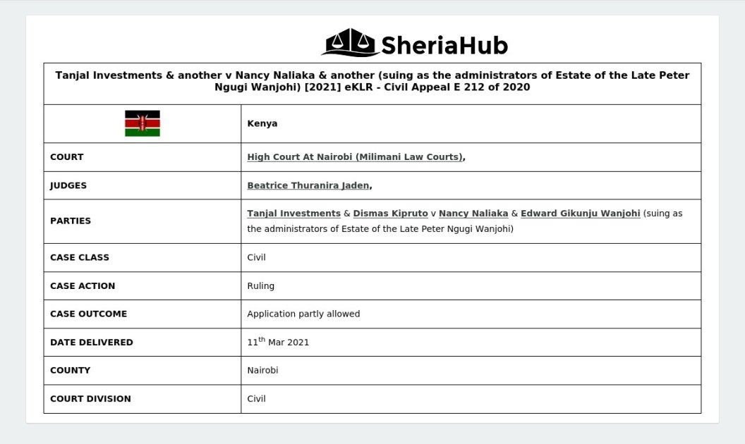 Tanjal Investments & Another V Nancy Naliaka & Another (Suing As The ...