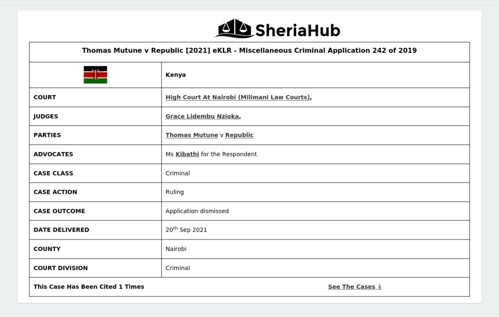 Thomas Mutune V Republic [2021] Eklr