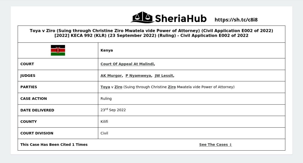 Toya V Ziro (Suing Through Christine Ziro Mwatela Vide Power Of Attorney) (Civil Application ...