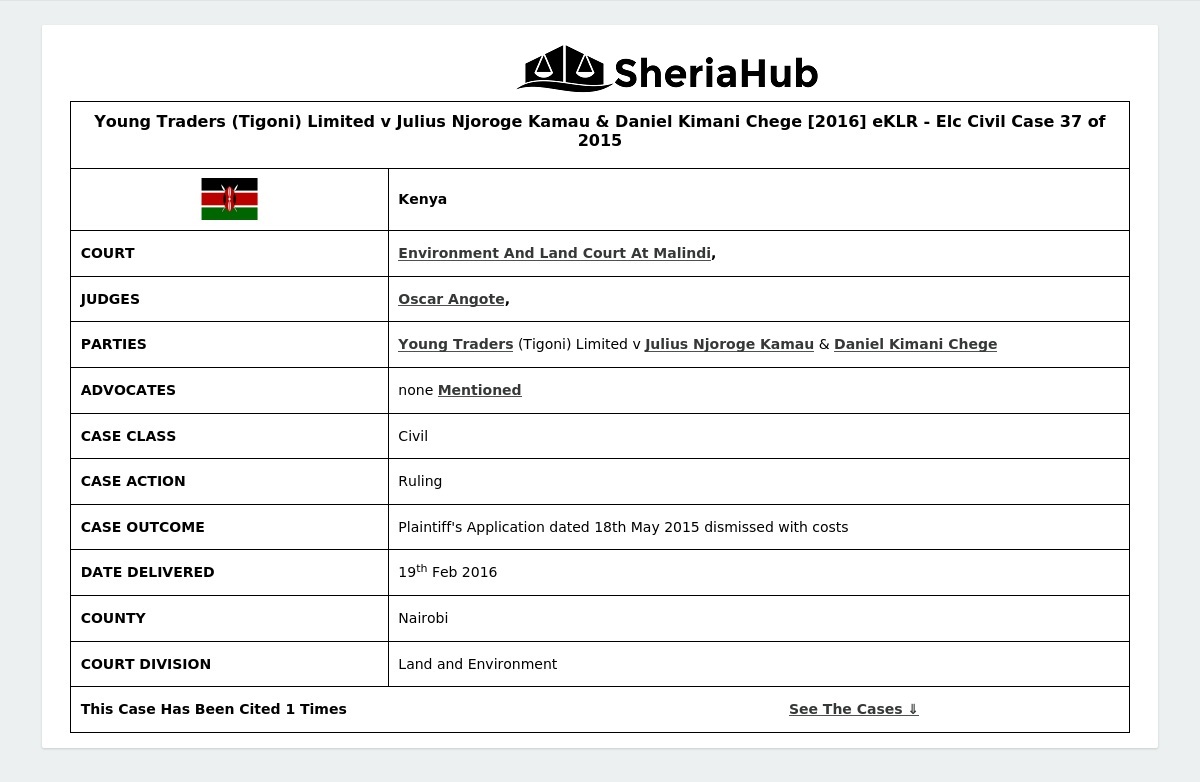 Young Traders (Tigoni) Limited V Julius Njoroge Kamau & Daniel Kimani ...